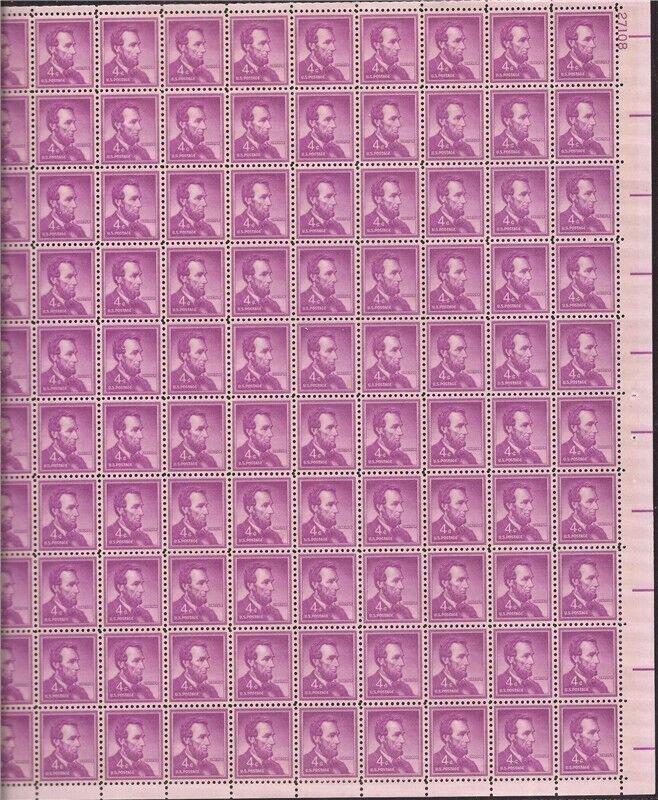 US Stamp 1954 4c Abraham Lincoln - dry print - 100 Stamp Sheet - Scott ...