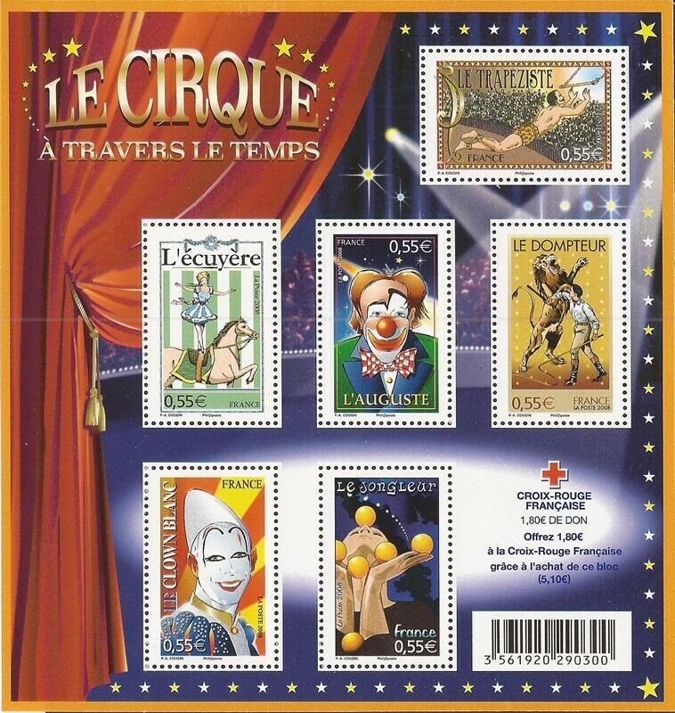 France - 2008 Circus Clowns Juggler Lion Tamer - 6 Stamp Souvenir Sheet ...