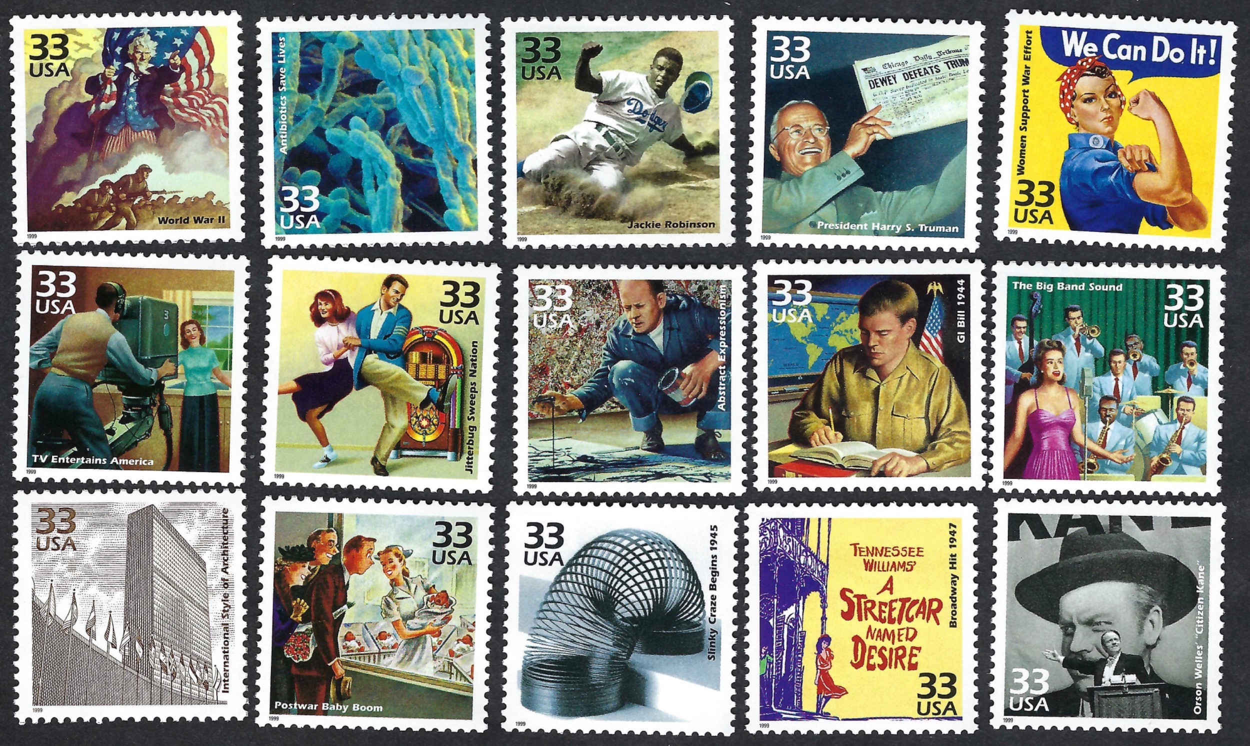 United States #3186a-o 32¢ Celebrate the Century 1940s (1999). 15 ...