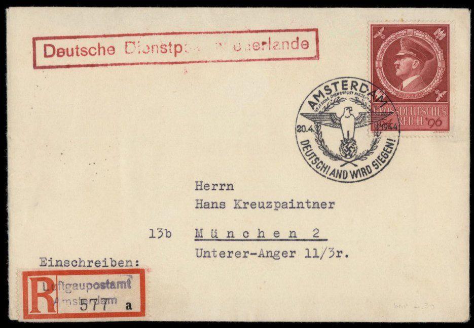 3rd Reich Germany 1944 Hitler Commemorative Issue Amsterdam Registered ...