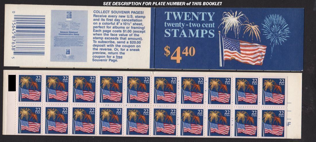 1987 Flag & Fireworks Sc BK156 booklet (Sc 2276a 22c pane of 20) no ...