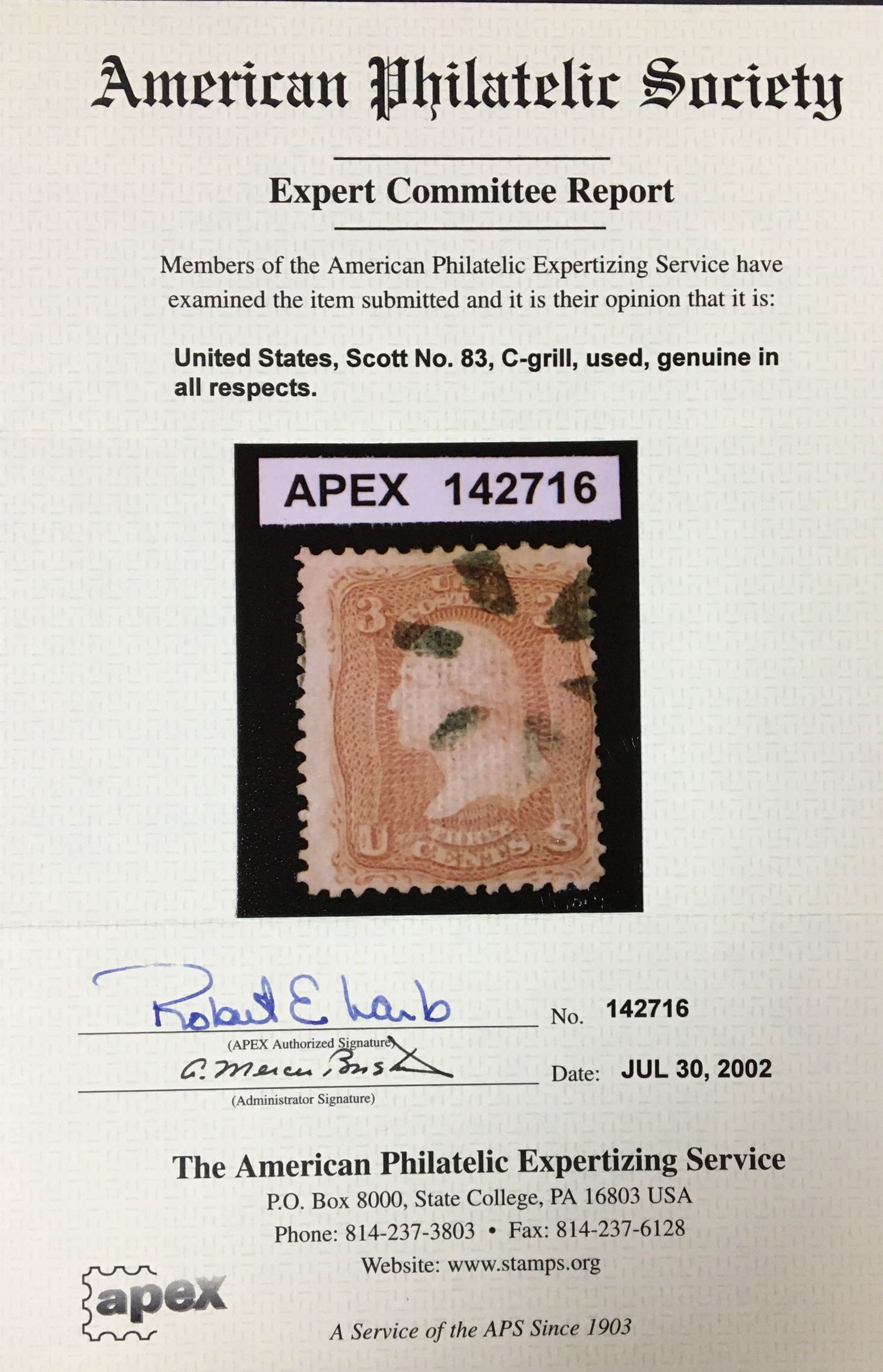 US Stamps # 83 C Grill Used APS Cert LOT #7509 | United States, General ...