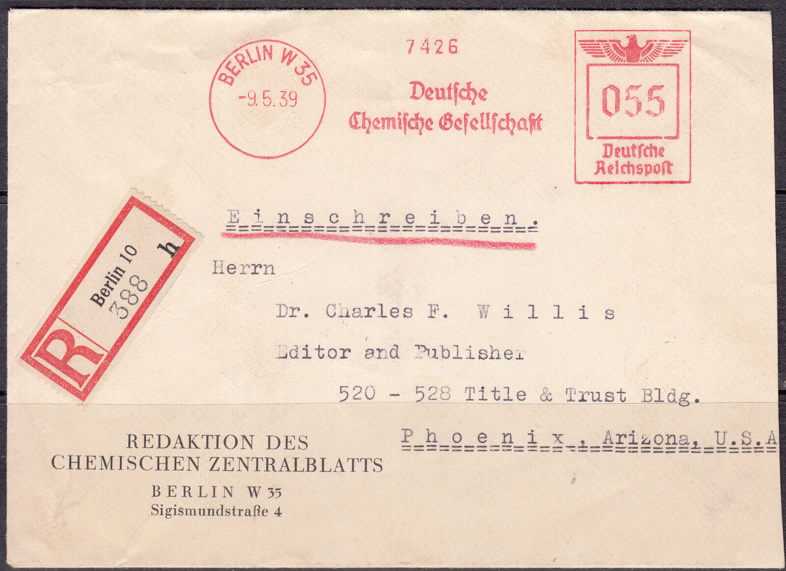 Germany - 9.5.1939 metered R-cover Berlin - USA (2145) | Europe ...