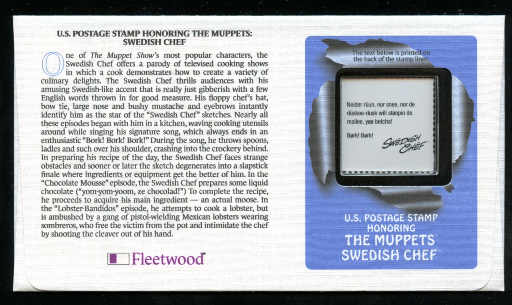 US 3944f Jim Henson Muppets Swedish Chef UA Fleetwood cachet FDC combo ...