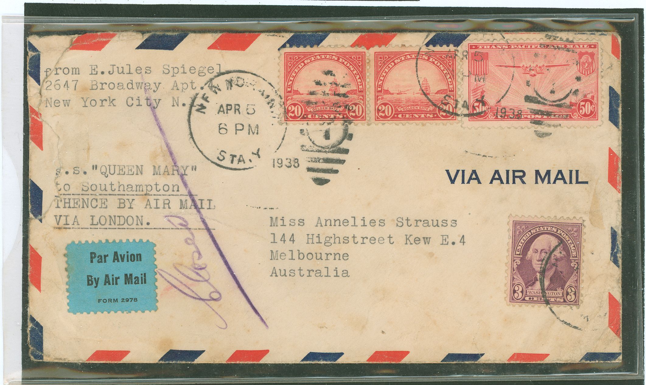 US 567/720/C11 A roughly opened April 1938 cover sent to England by the ...