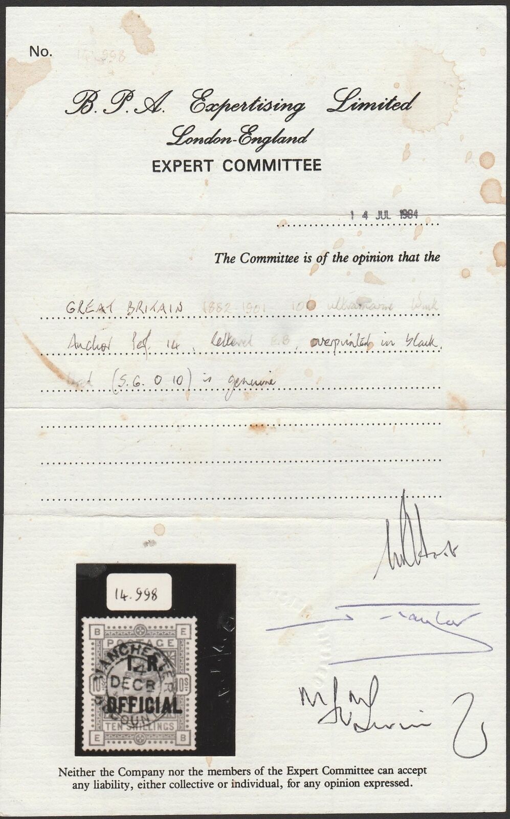 GREAT BRITAIN 1882 I.R. OFFICIAL on QV 10/- white paper. with 2 ...