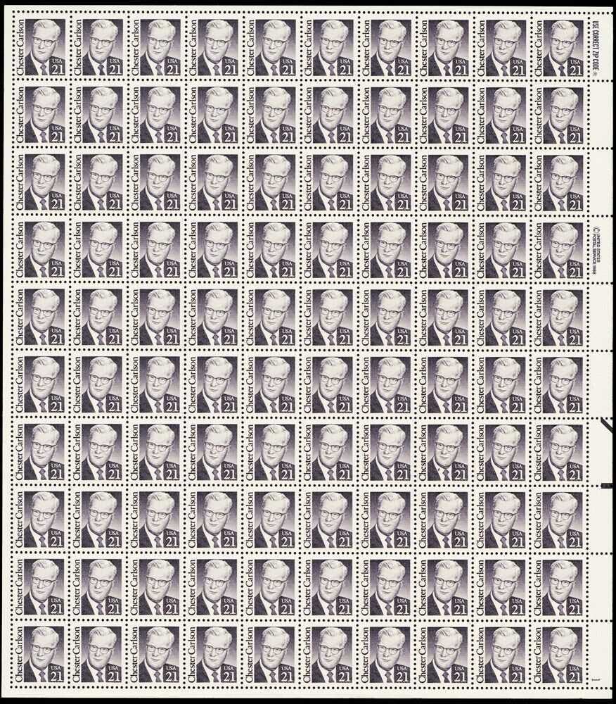 US Stamp - 1988 21c Physicist Chester Carlson - 100 Stamp Sheet - Scott ...