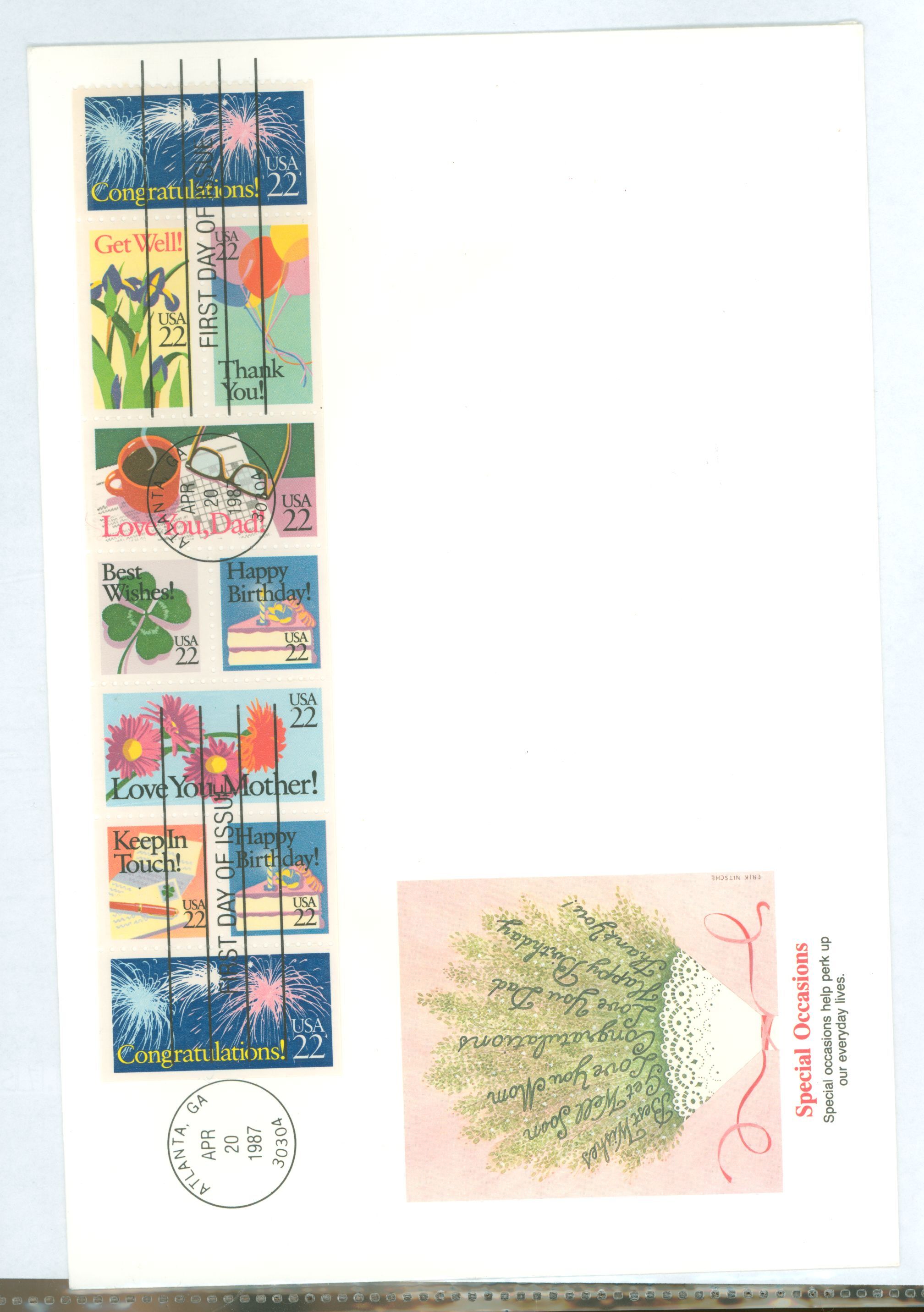 US 2274a 1987 Special occasions booklet pane of ten 22c stamps ...