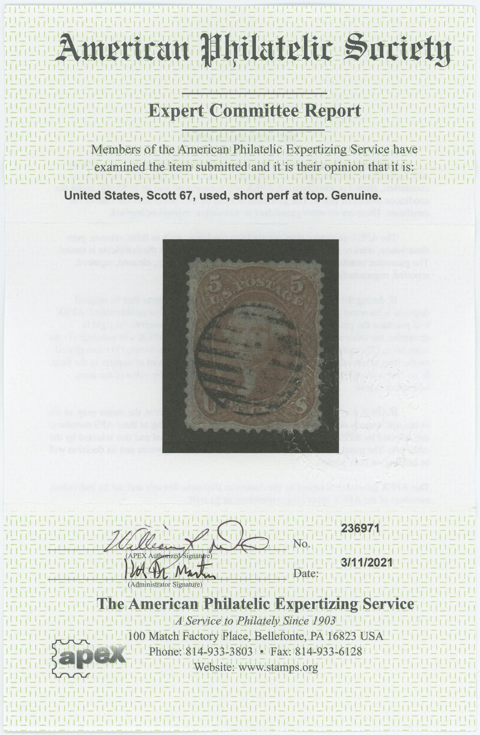 USA 67 - 5 cent Jefferson (Buff) Used with APS Certificate - 1 damaged ...