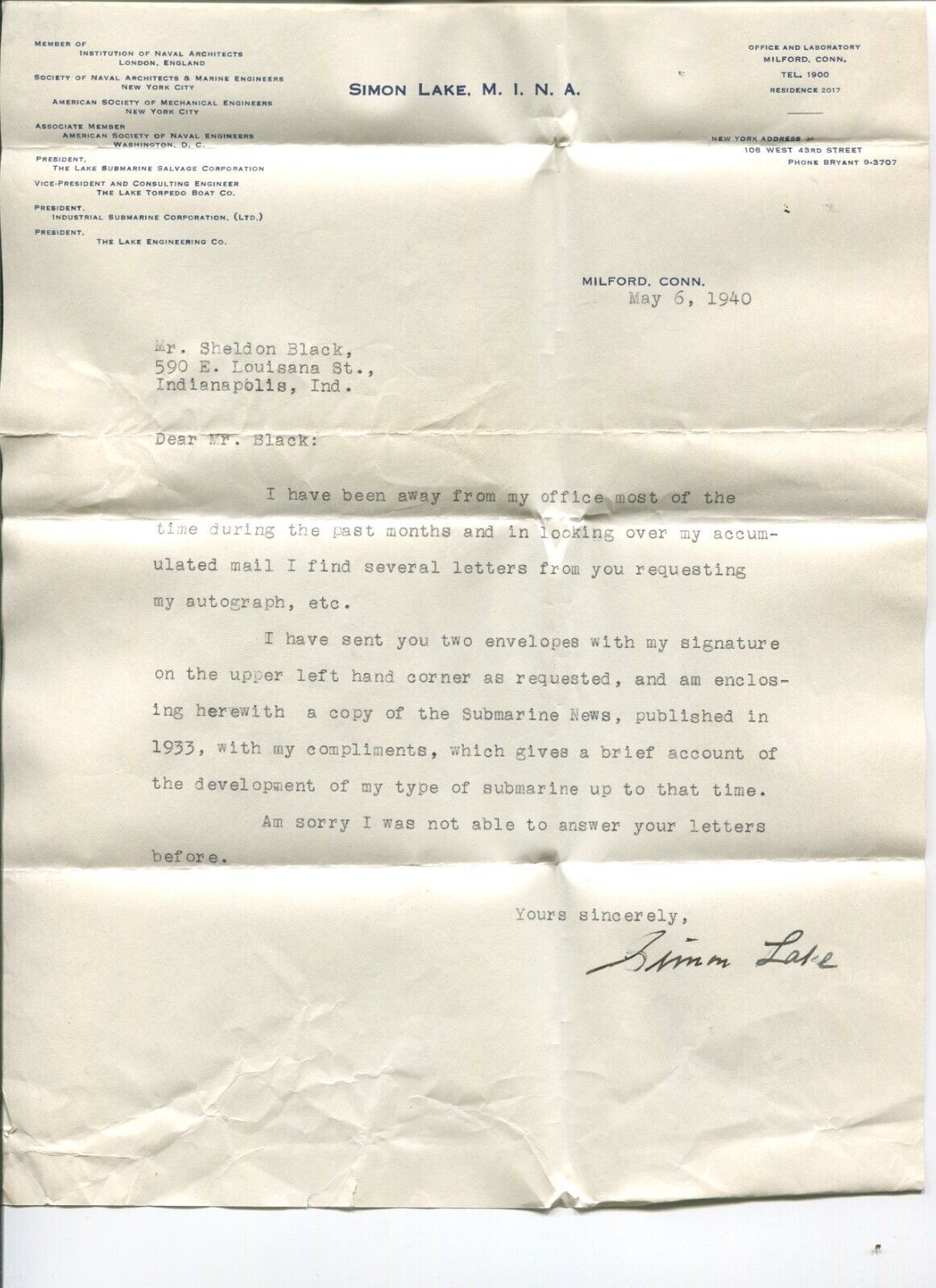 Simon Lake Naval Architect & Engineer Signed Cover & SIgned Letter ...