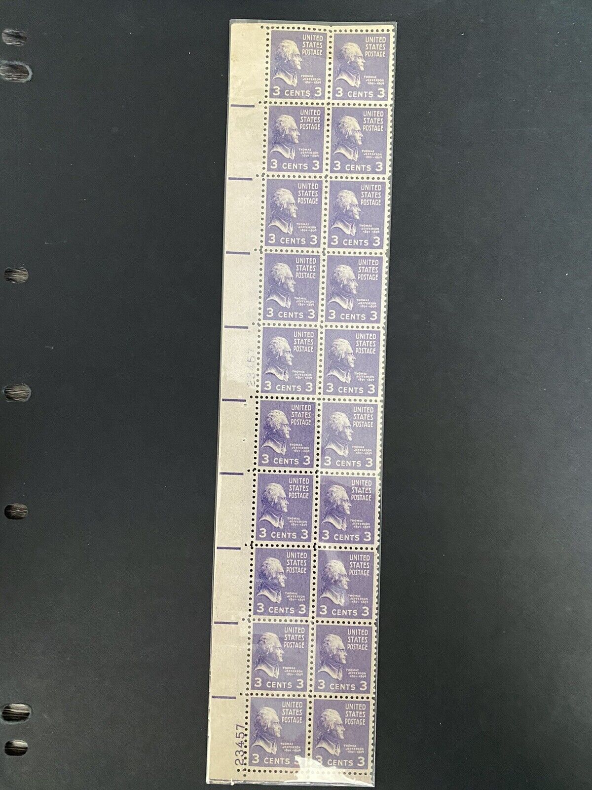 US Stamps-SC# 807 - Jefferson - Plate Strip Of 20 - With Ghost Plate ...