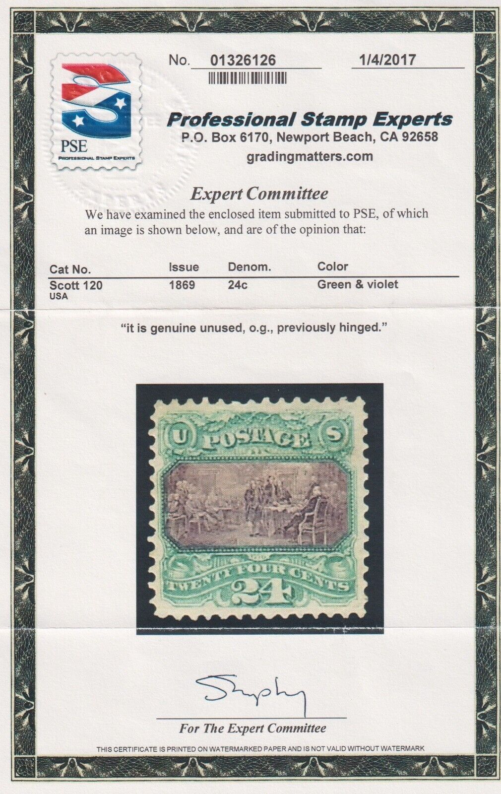 120 VF+ lightly hinged PF cert original gum with rich color ! see pic ...