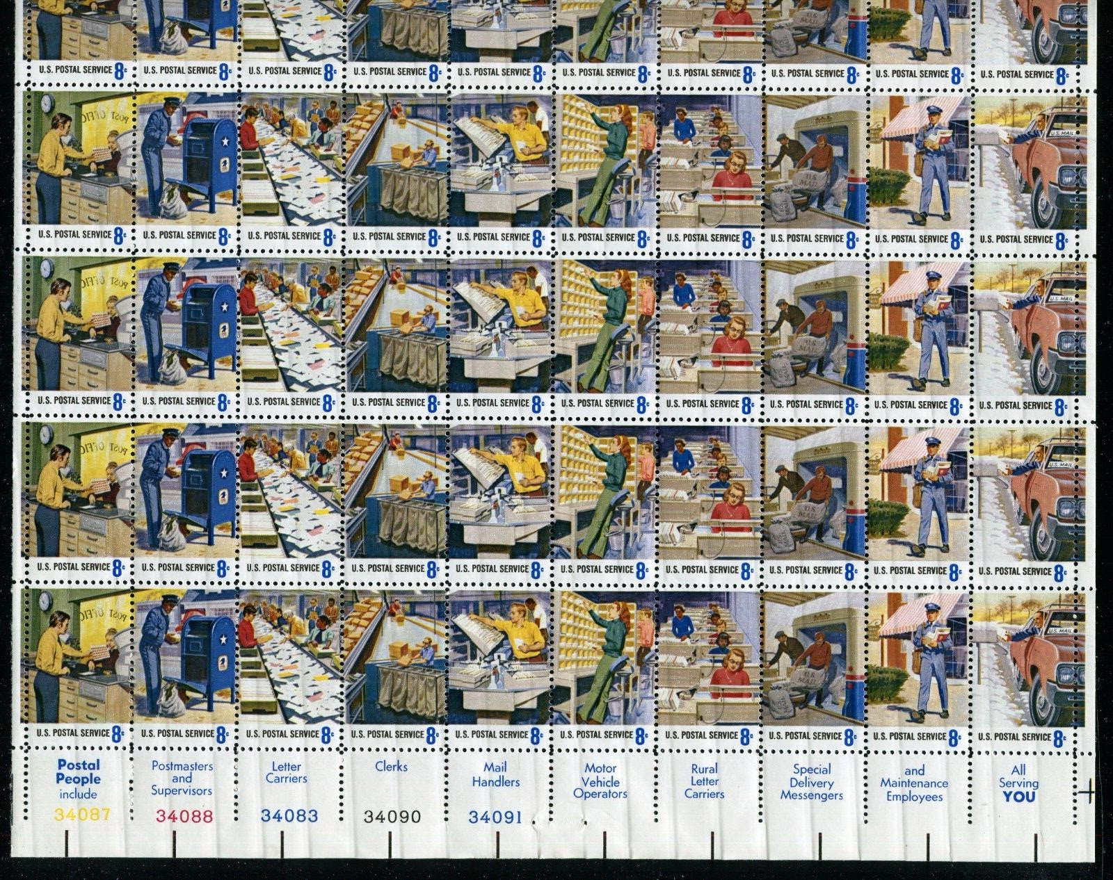 1489-1498 Postal Service Employees Sheet of 50 8¢ Stamps MNH | United ...