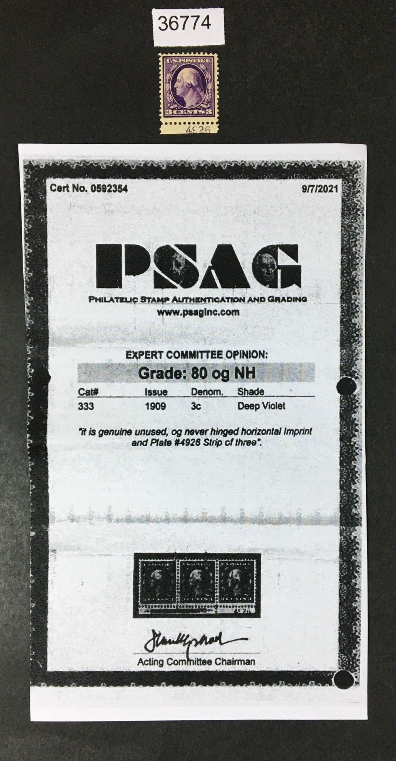 US Stamps # 333 Plate Single Mint OG NH ***Psag Cert*** CAT. $75 LOT ...