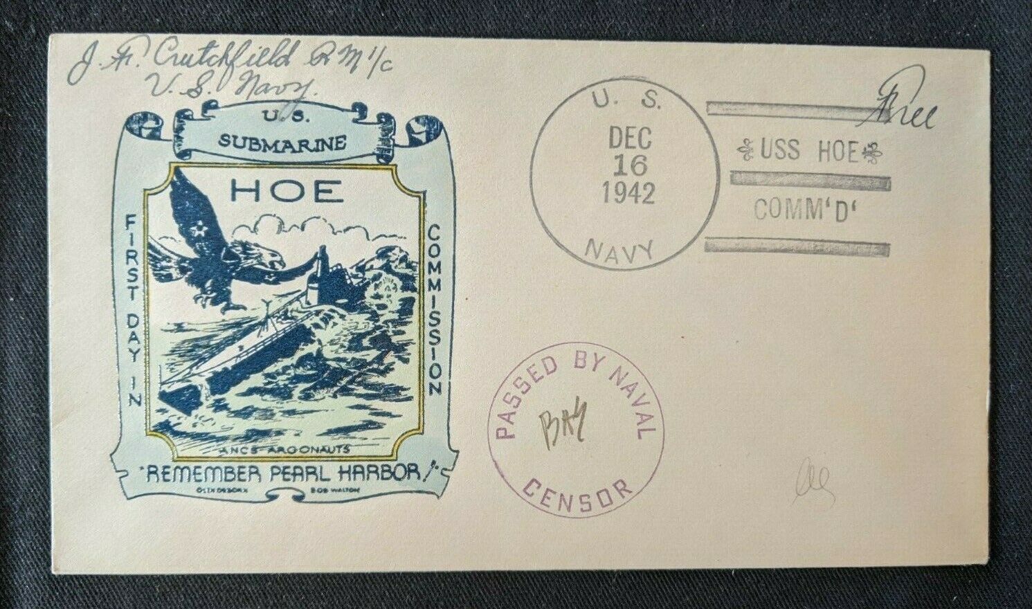 1942 USS Hoe Commission US Navy Submarine Naval First Day Cover ...