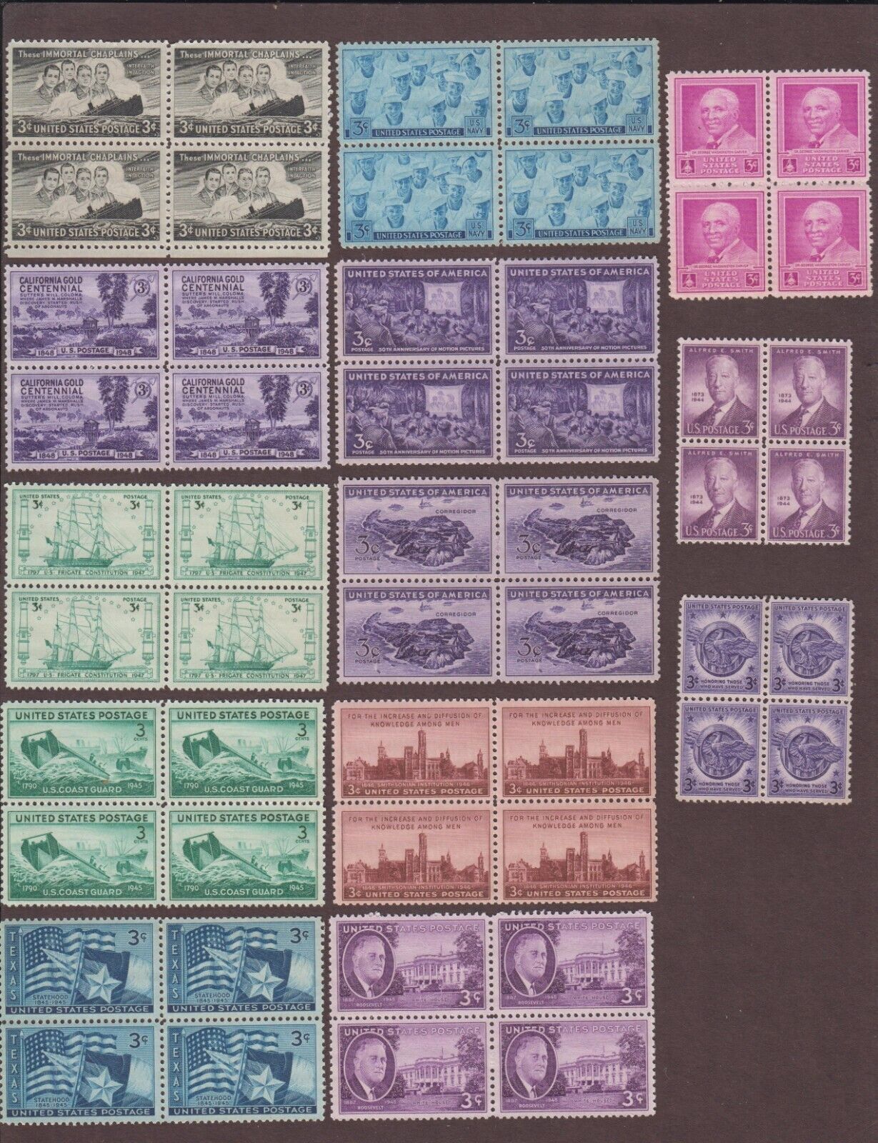 Us,1940'S,Mint Nh,Lot of 13 Blocks of 4 ALL Different,48 Stamp ...