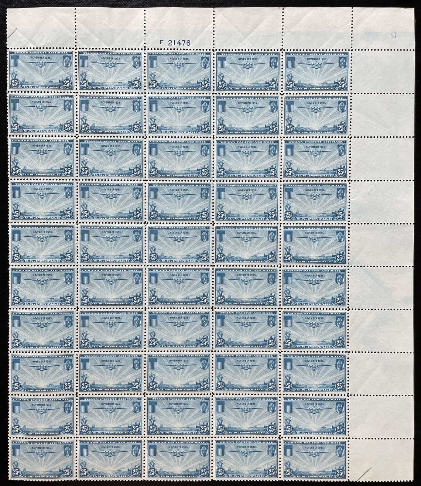 C20 CHINA CLIPPER Sheet of 50 US 25¢ Stamps MNH 1935 Plate 21476 ...