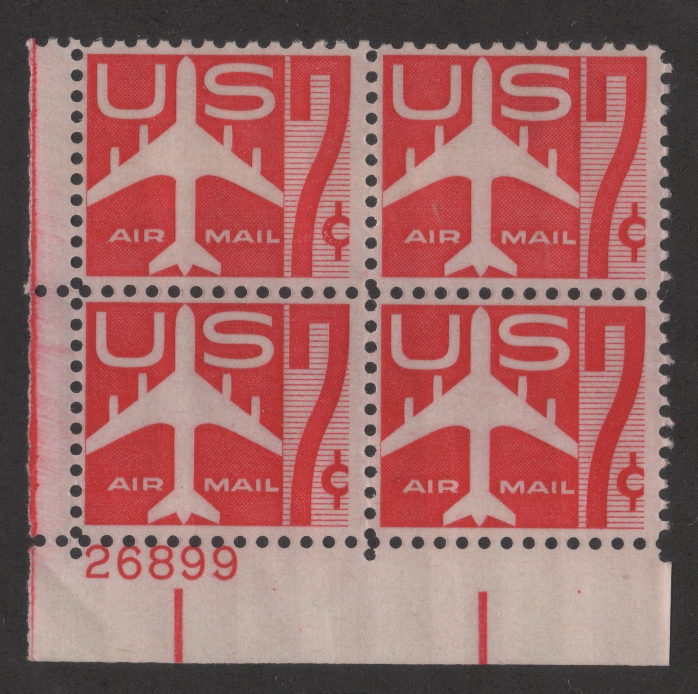 C60 7c Red Jet 26899 LL Plate Block | United States, Air Mail Stamp ...