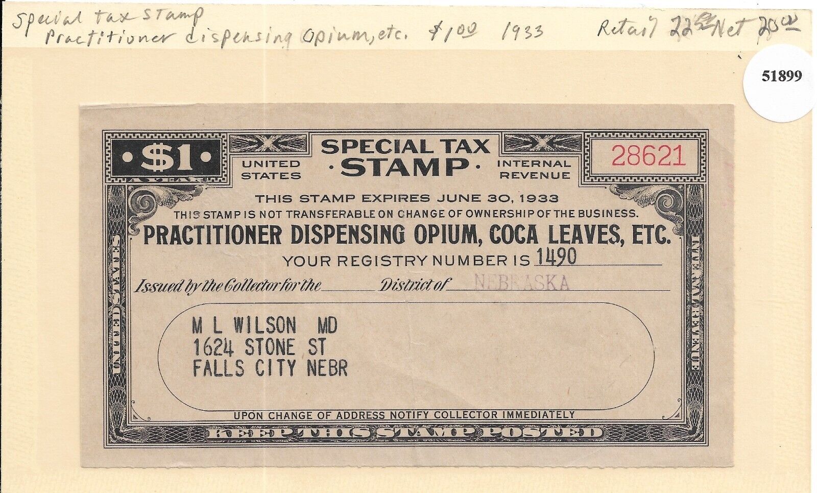 $1.00 Practitioner Dispensing Opium, Coca Leaves, Special Tax Stamp ...