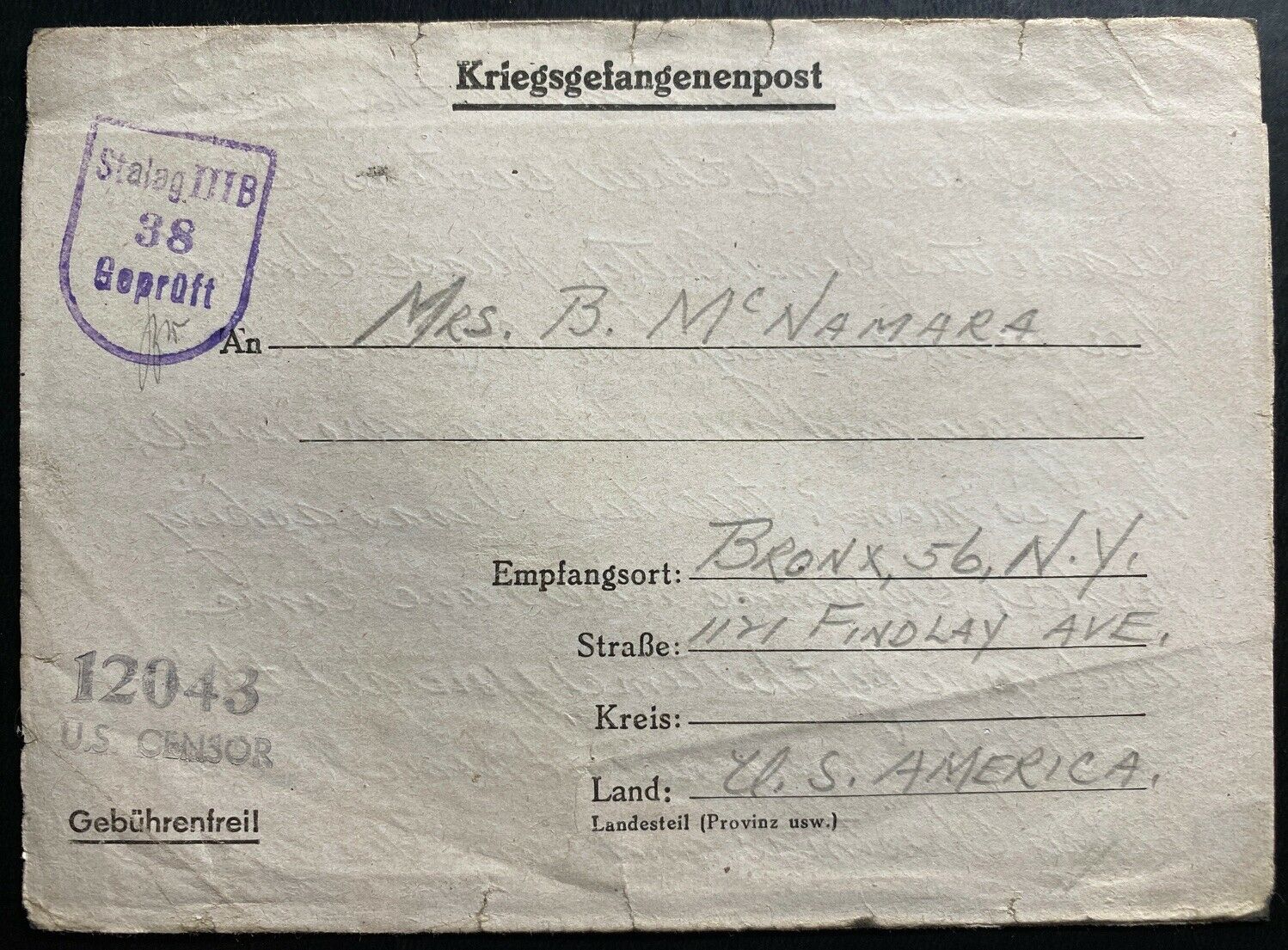 1940s Germany POW Camp Letter Cover Stalag 3B US Prisoner of War Sgt ...