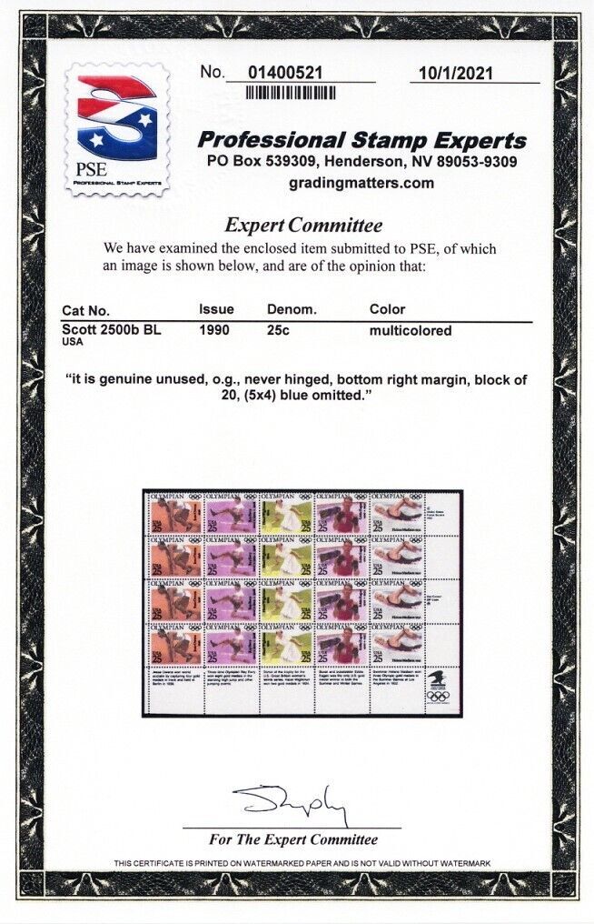 2500b, MNH 25¢ Blue Color Omitted Major Error (4 Strips) PSE Cert ...
