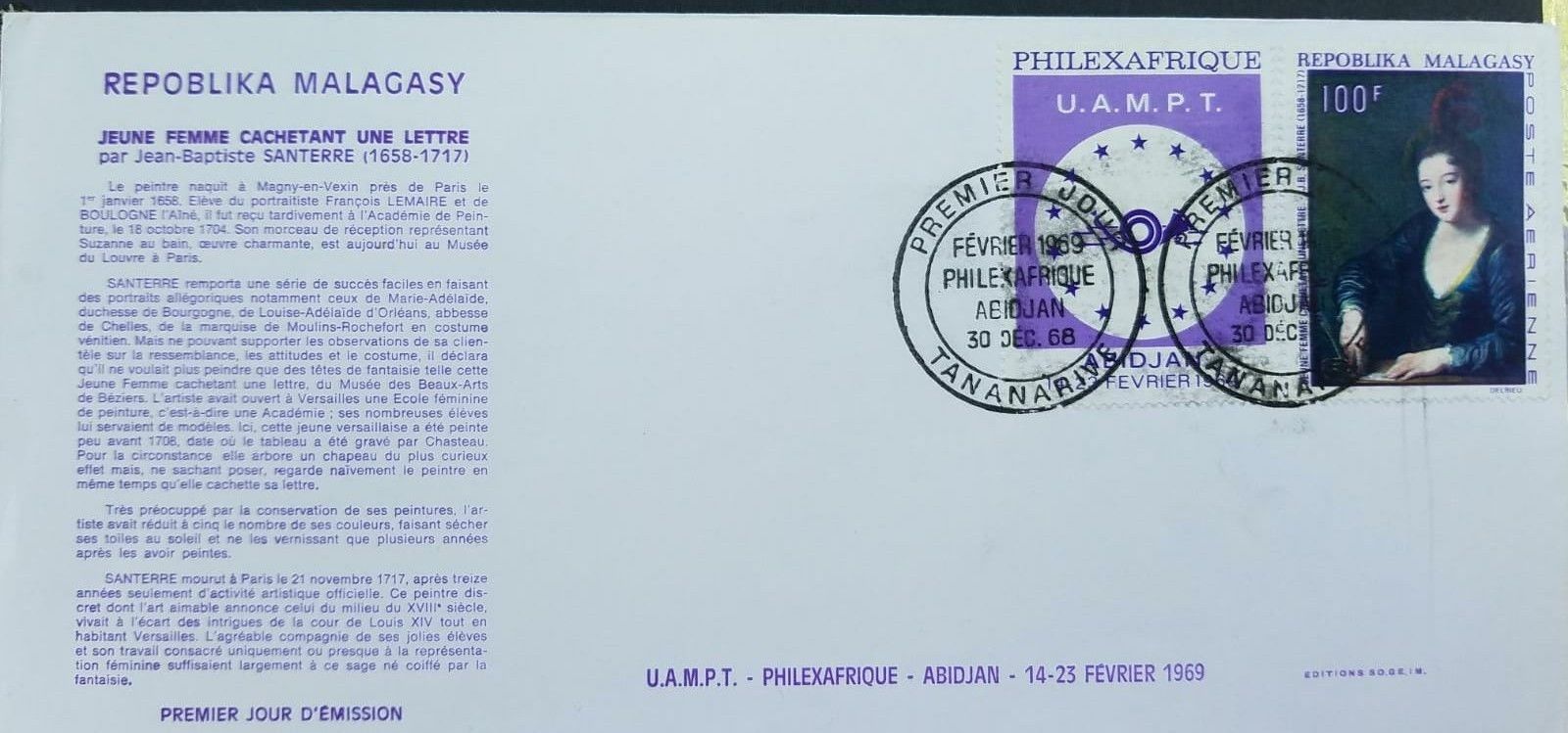 L) 1968 Republic of Malagasy, Young Woman Having a Letter, by Jean ...