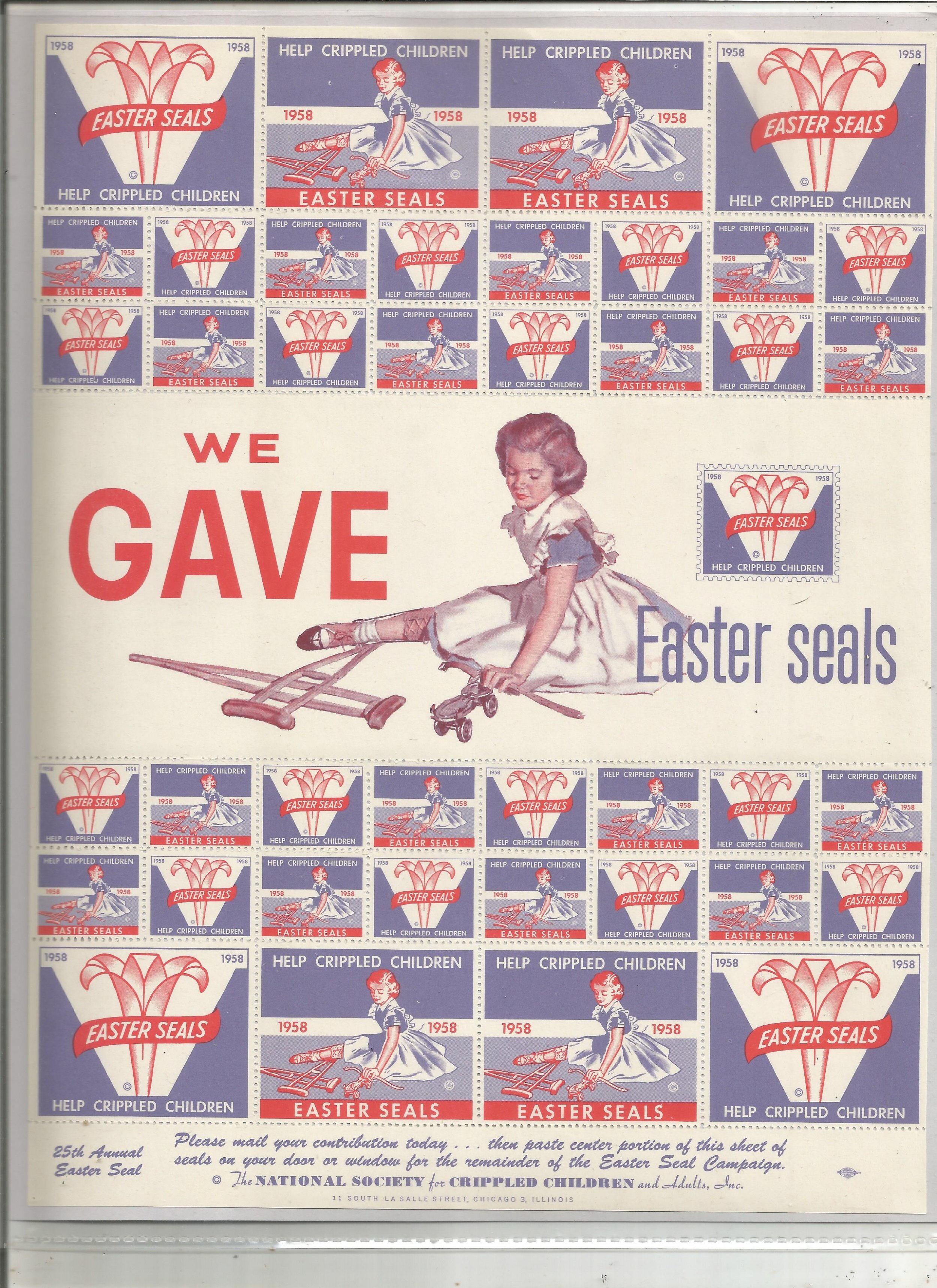 1958 EASTER SEALS, FULL SHEET, MINT / HipStamp