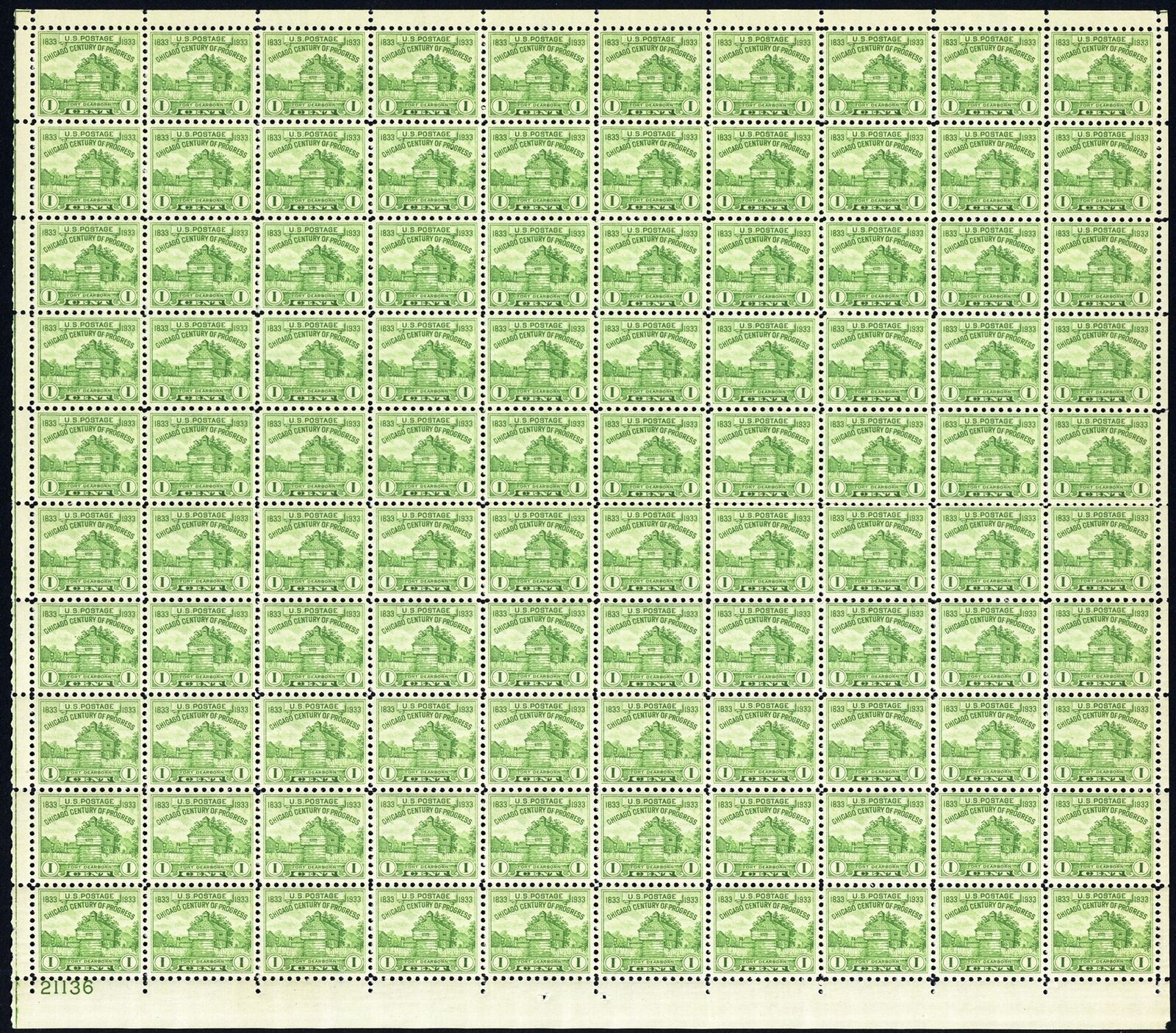1933 Restoration of Fort Dearborn Sheet of 100 - 1 Cent Postage Stamps ...