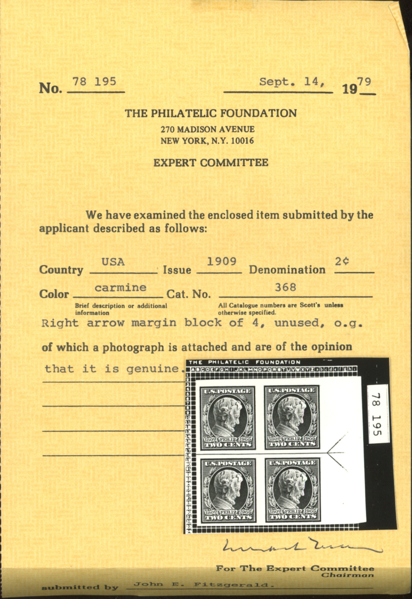 U.S. #368 Mint Arrow Block of 4 With PF Cert OG NH | United States ...