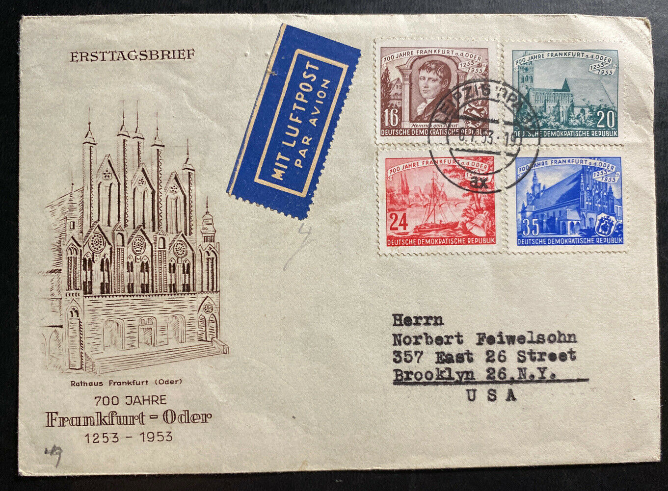 1953 Leipzig DDR East Germany First Day Cover To Brooklyn NY USA 700 ...