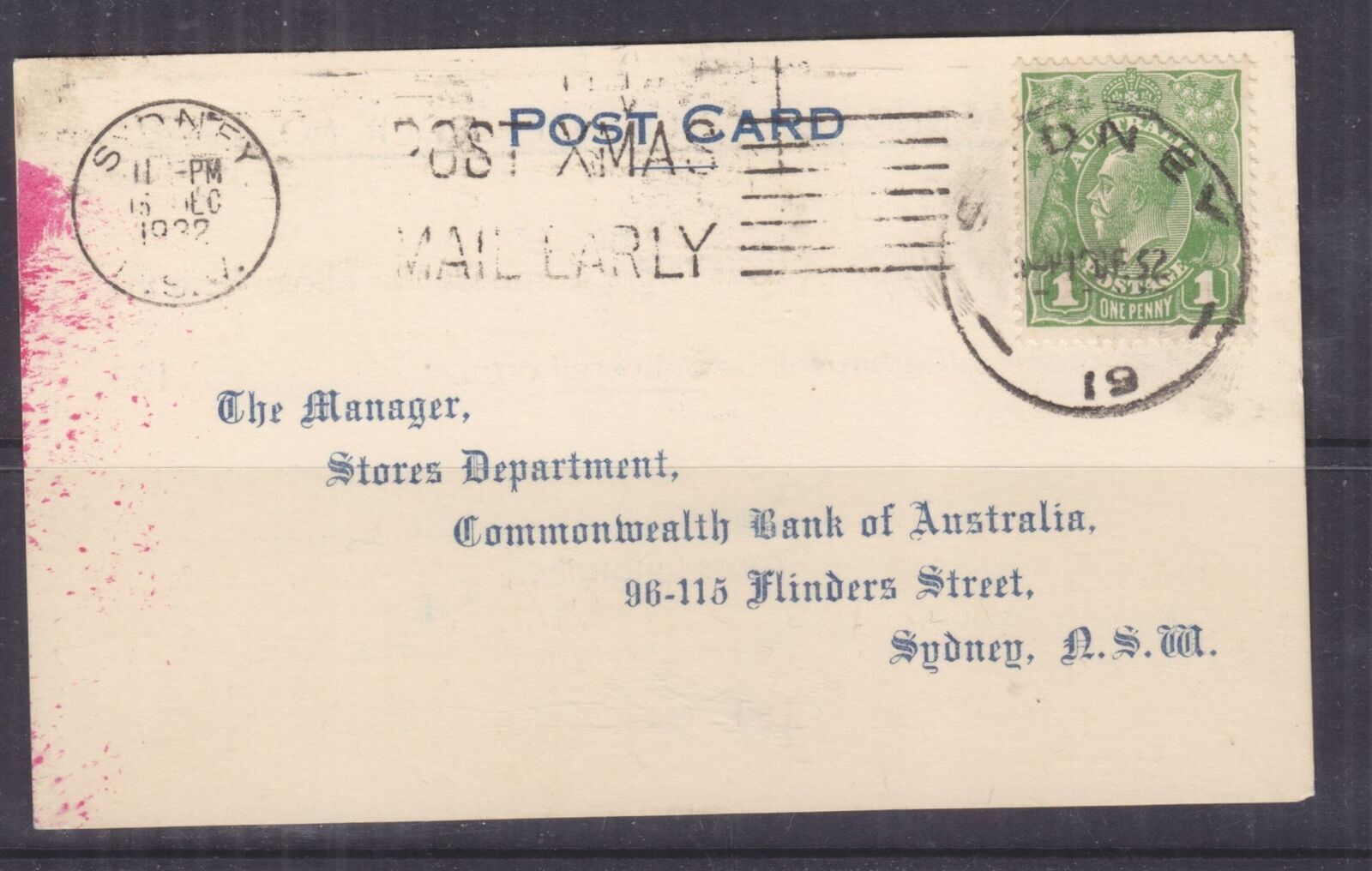 AUSTRALIA, 1932 CBA Stores Acknowledgment of Order Card, KGV 1d. Green ...
