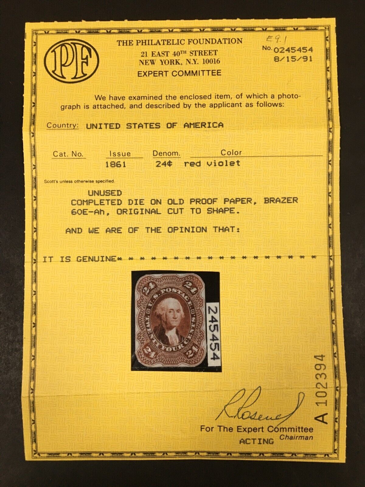 US Stamps #70-E4 1861 DIE Essay on OLD Proof Paper PF Cert LOT #89678 ...