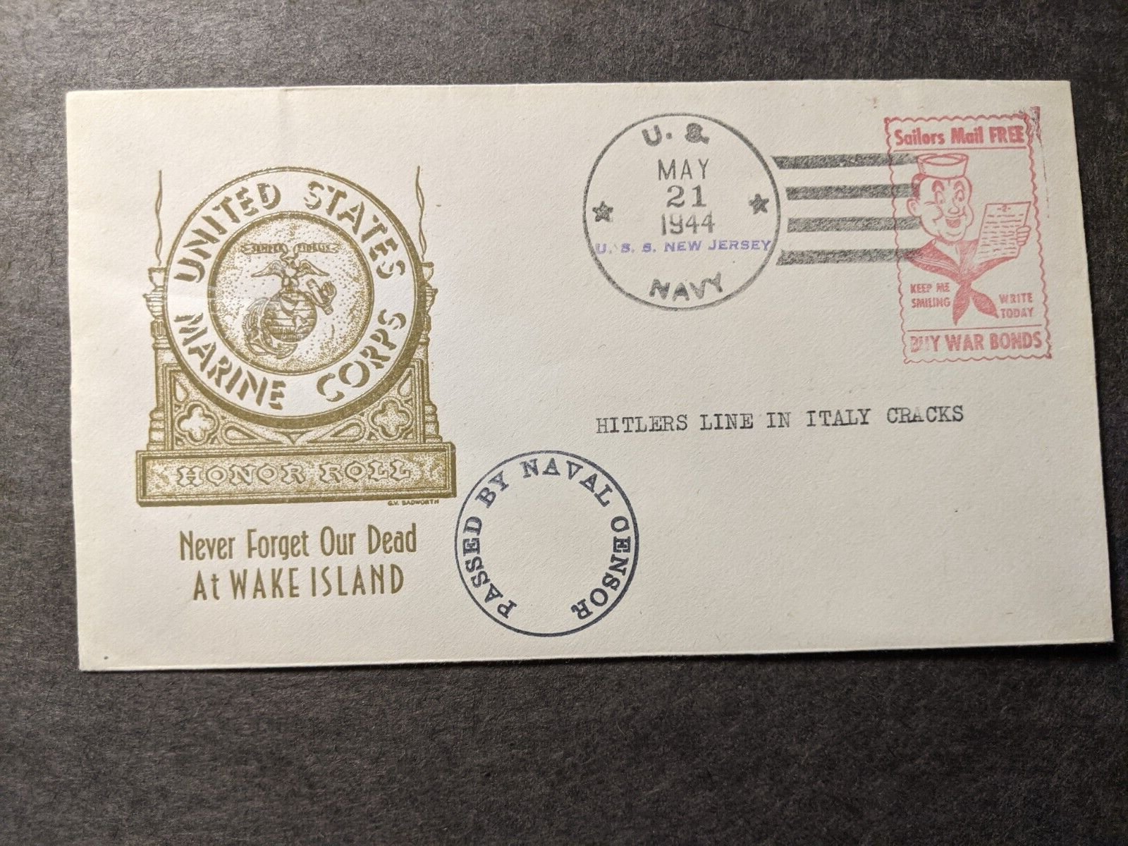 USS NEW JERSEY 1944 Censored WWII Naval Cover SADWORTH USMC Cachet WAKE ...