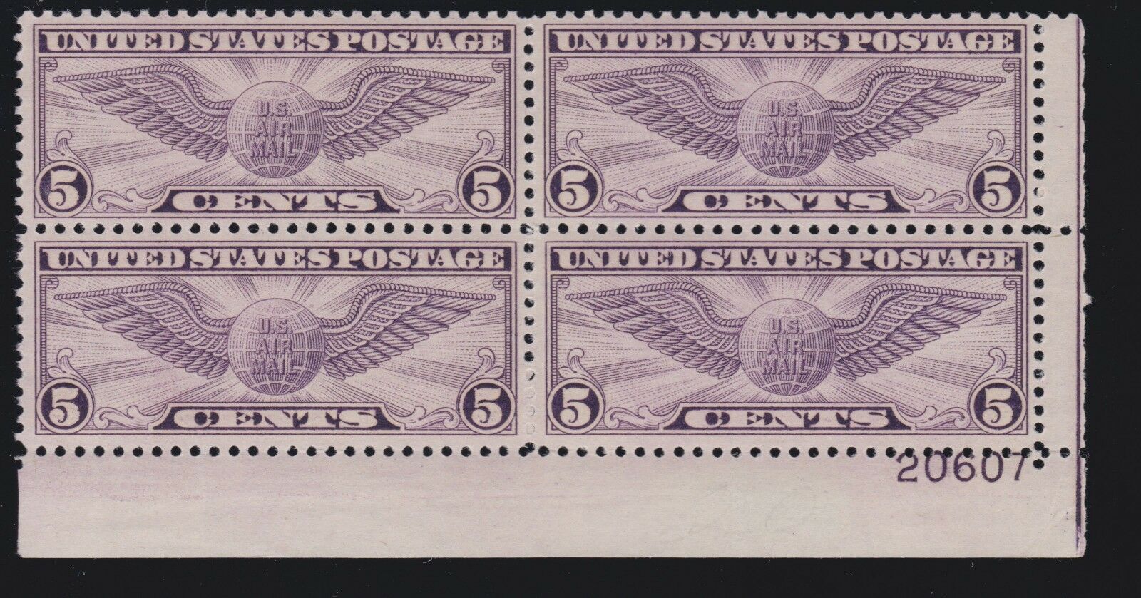 US C16 5c Airmail Winged Globe Mint LR Plate #20607 Block VF OG NH SCV ...