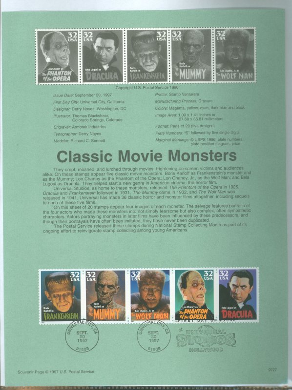 US SP1250/3172a 1997 classic movie monsters strip of 5 on an official ...