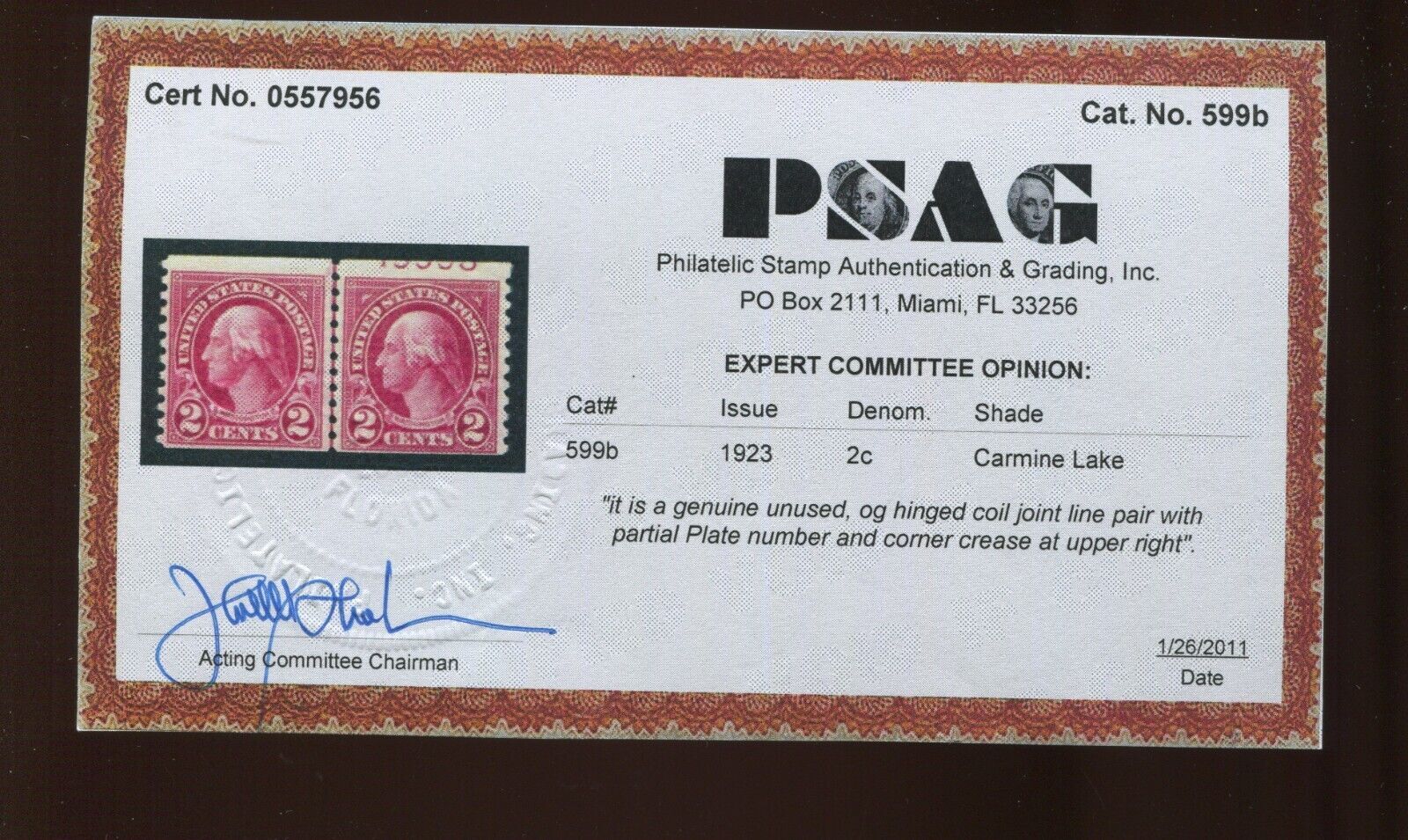 599b Washington Carmine Lake Line Plate # Line Pair of 2 Stamps w/PSAG ...