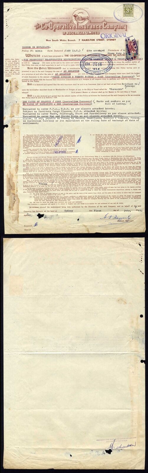 Australia Insurance Policy with NSW 3/- Duty stamp and Malaya stamp ...