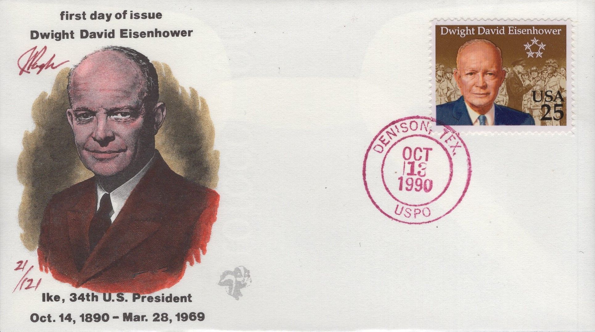 Julian Pugh Hand Painted FDC for the 1990 Dwight David Eisenhower Stamp ...