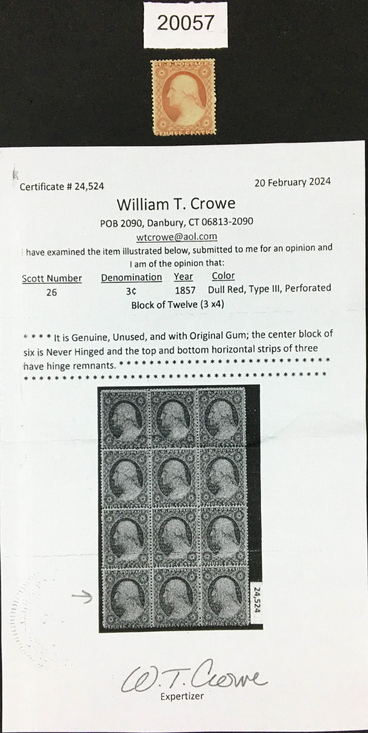 US Stamps # 26 Mint OG H (Pos10) Cert $65 LOT #20057 | United States ...