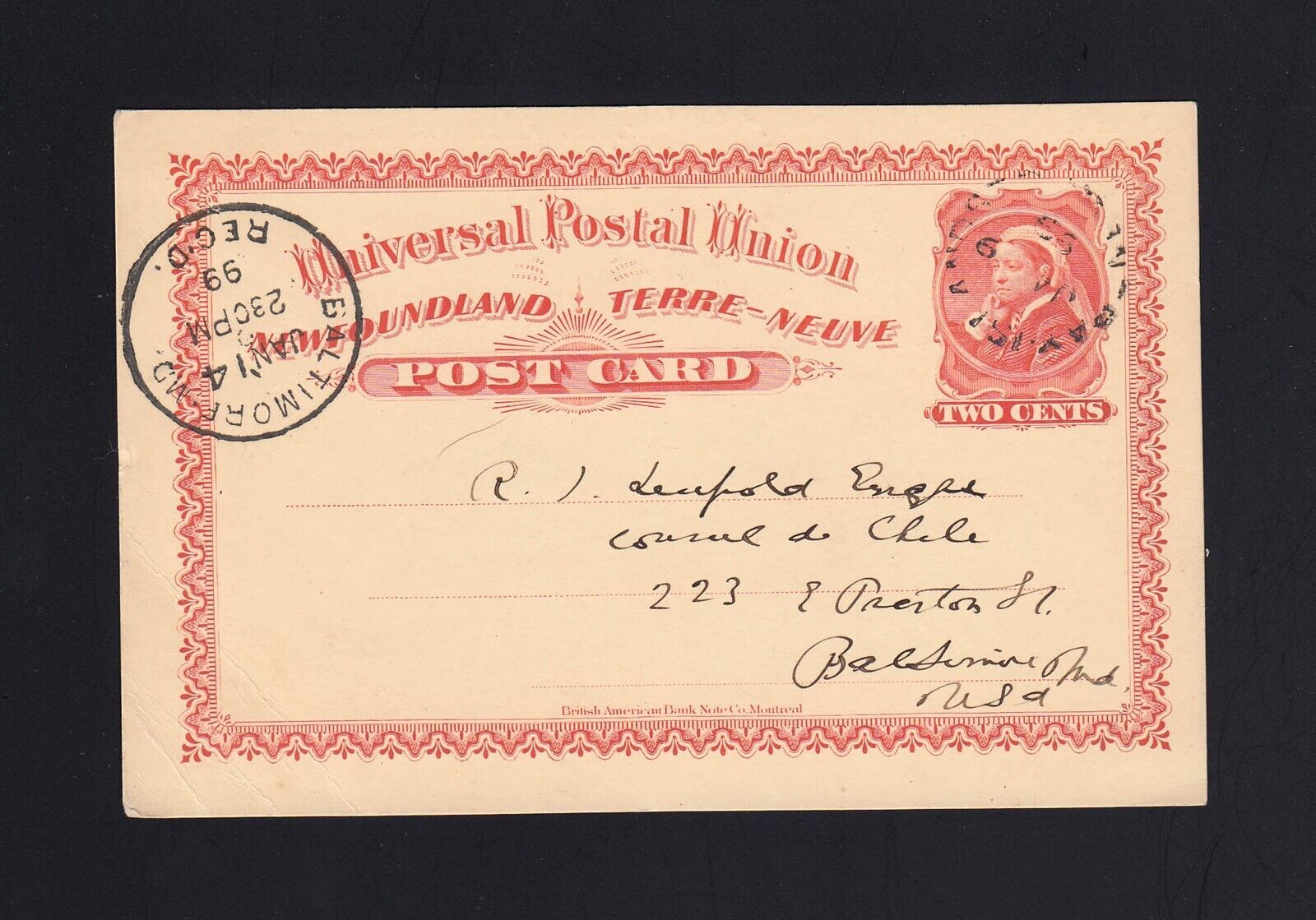 NEWFOUNDLAND: 1899 2c Postal Card USED TO US - TPO Cancel | Canada ...
