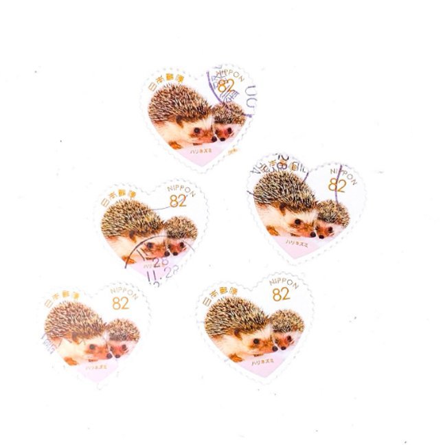5 x Hedgehogs heart shaped used, Japanese postage stamps off paper ...