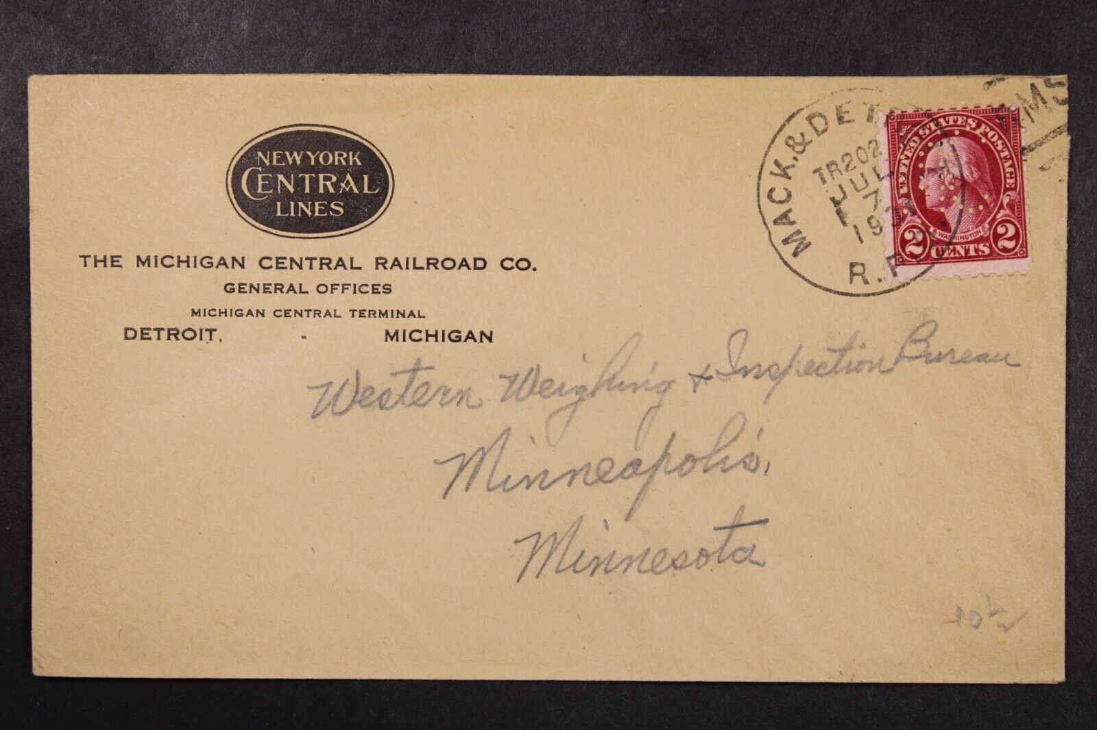 1931 New York Central Lines Cover / Perfin / Mack & Detroit RPO ...