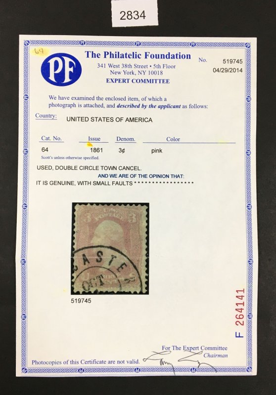 US Stamps # 64 Pink Used **Pf Cert** LOT #G 2834 | United States ...