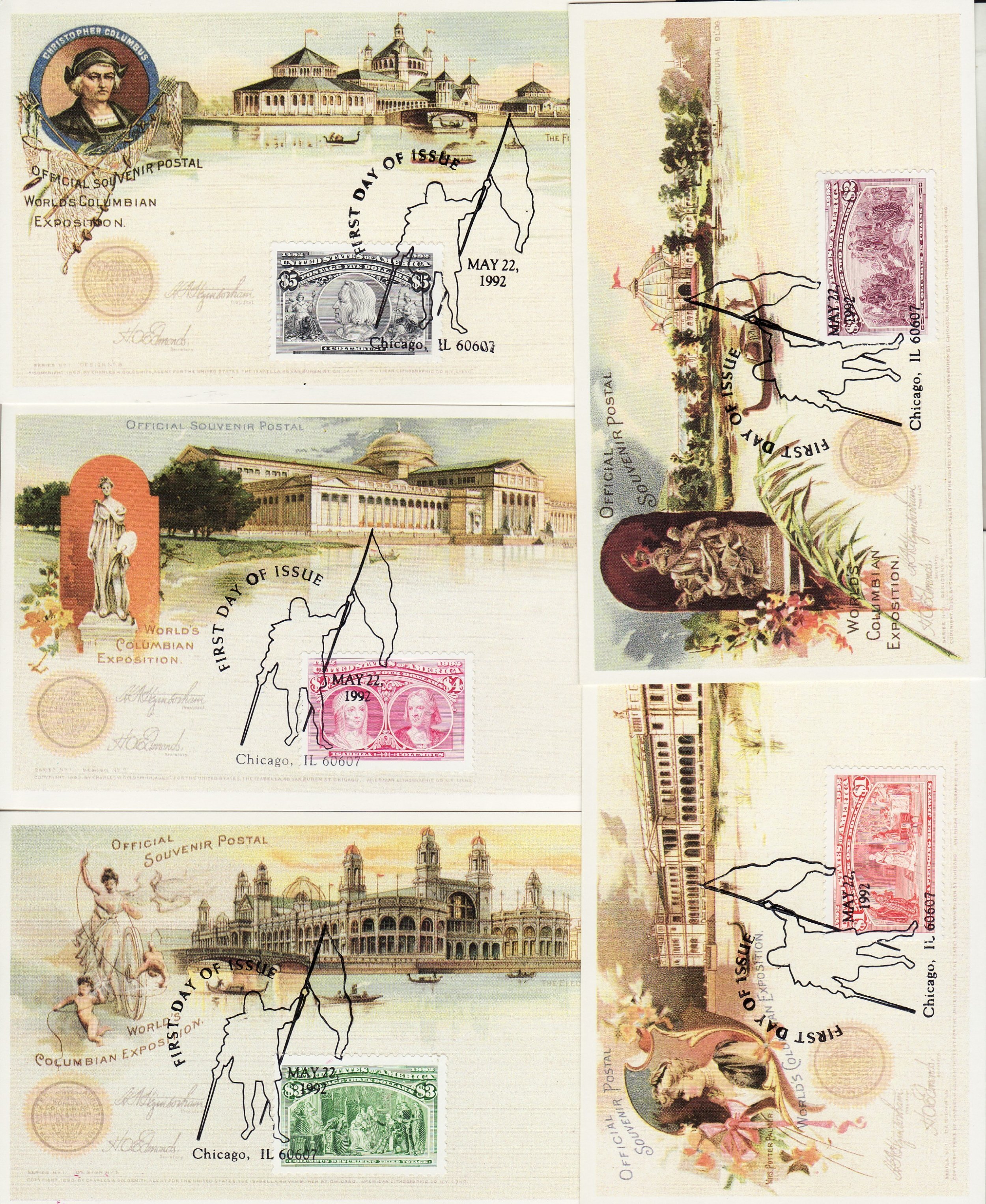 1992 U.S Columbian complete FDC set on 16 reissued postcards Sc# 2624 / ...