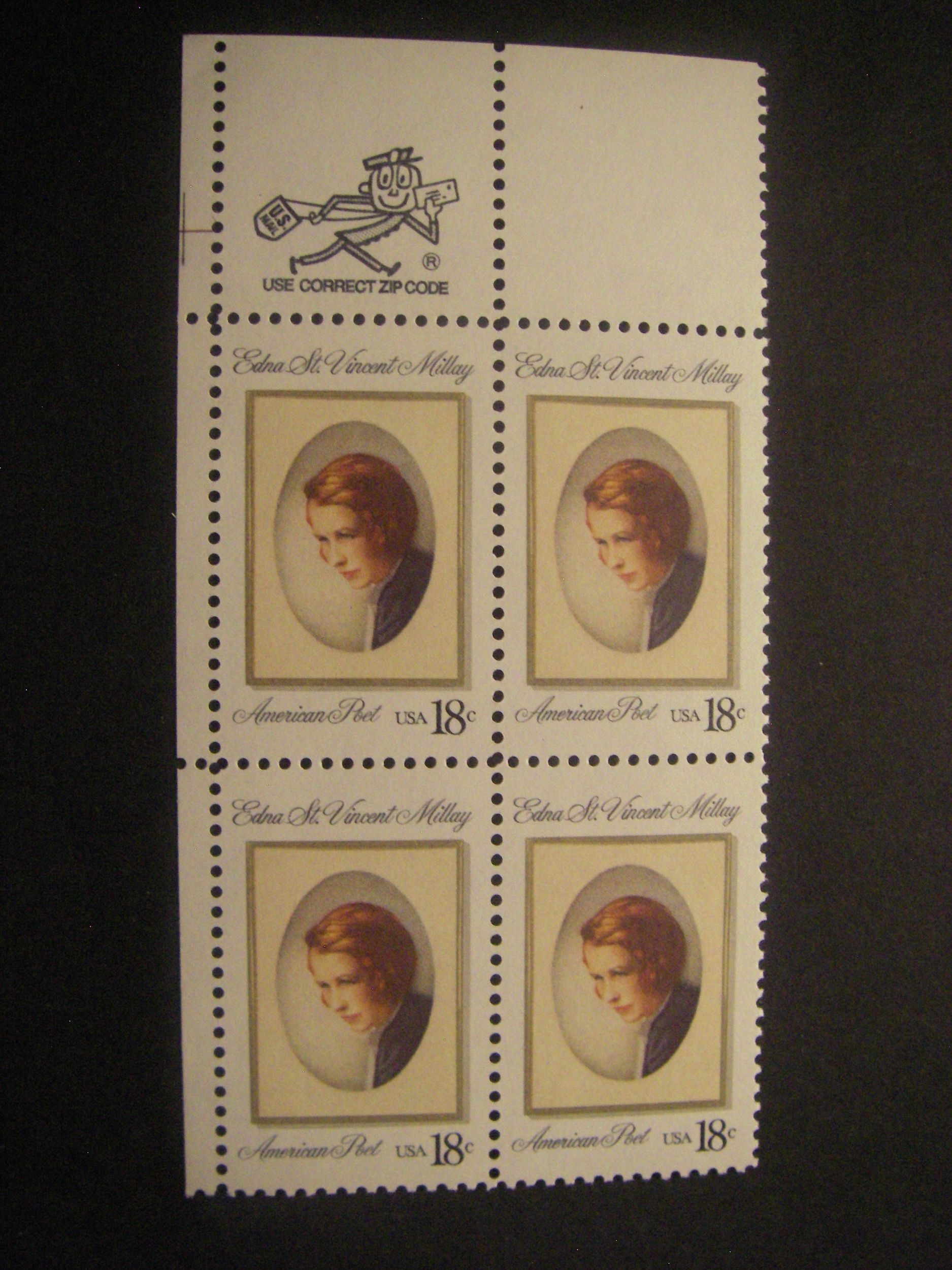 Scott 1926, 18c Edna St. Vincent Millay, Zip block of 4 UL, MNH ...