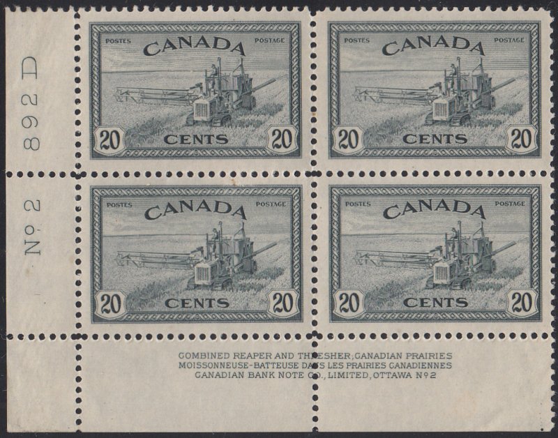 Canada 1946 MNH Sc #271 20c Combine harvesting Plate 2 LL Block of 4 ...