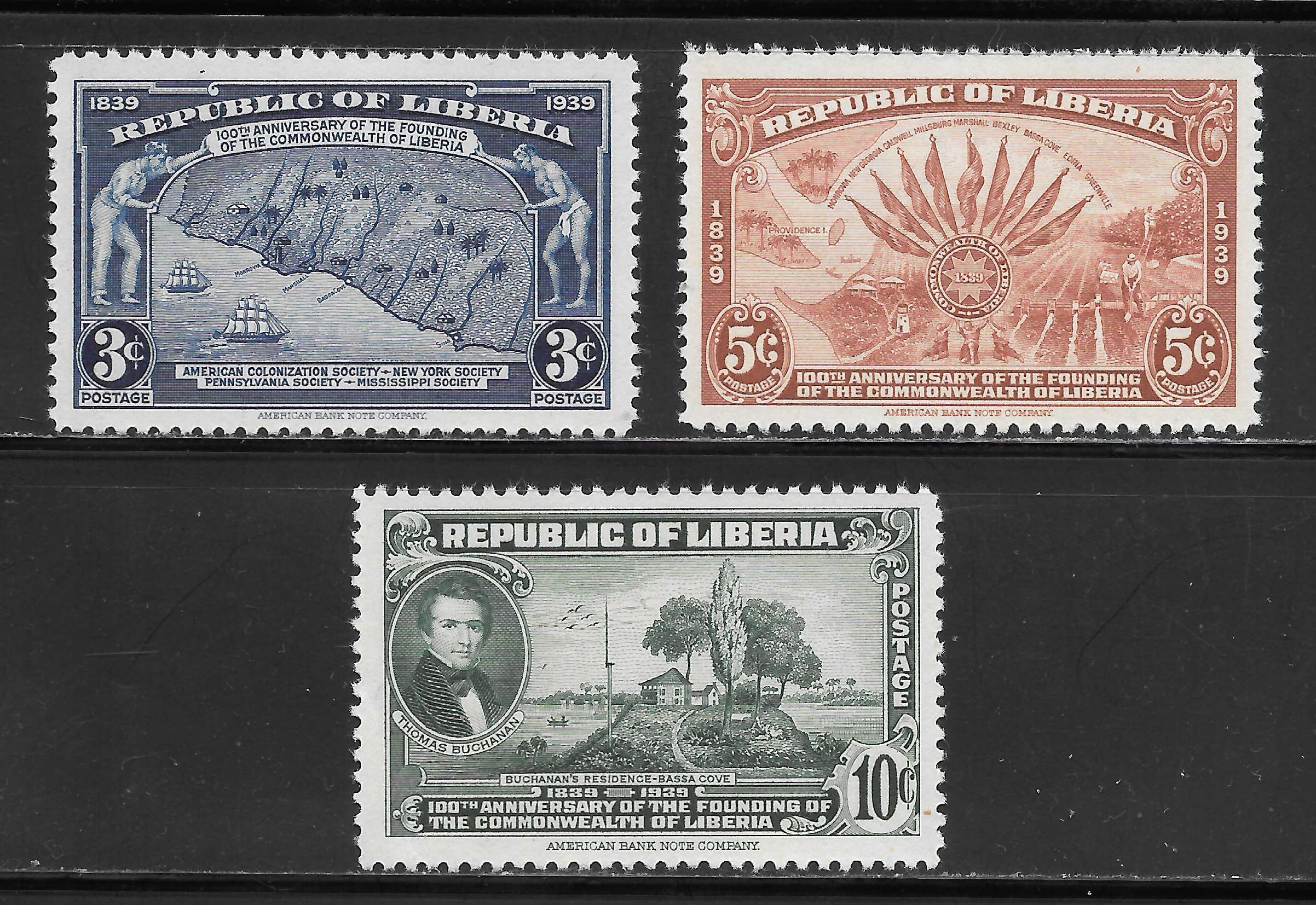 Liberia Scott 277-79 Unused LHOG - 1940 100th of Founding of Liberia ...