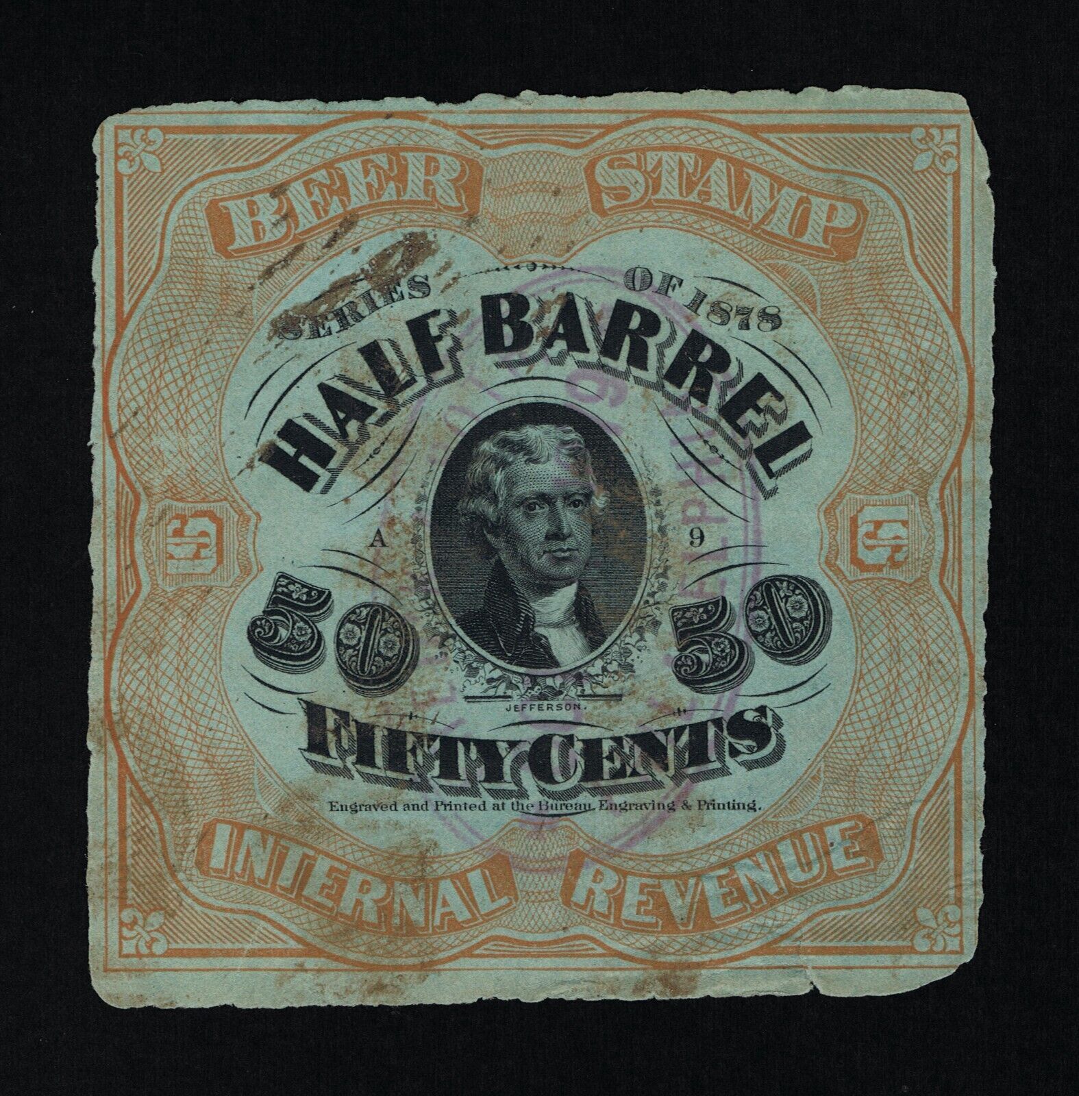 Genuine Scott #Rea41 Used 1878 Beer Stamp Orange on Green Paper ONE ...