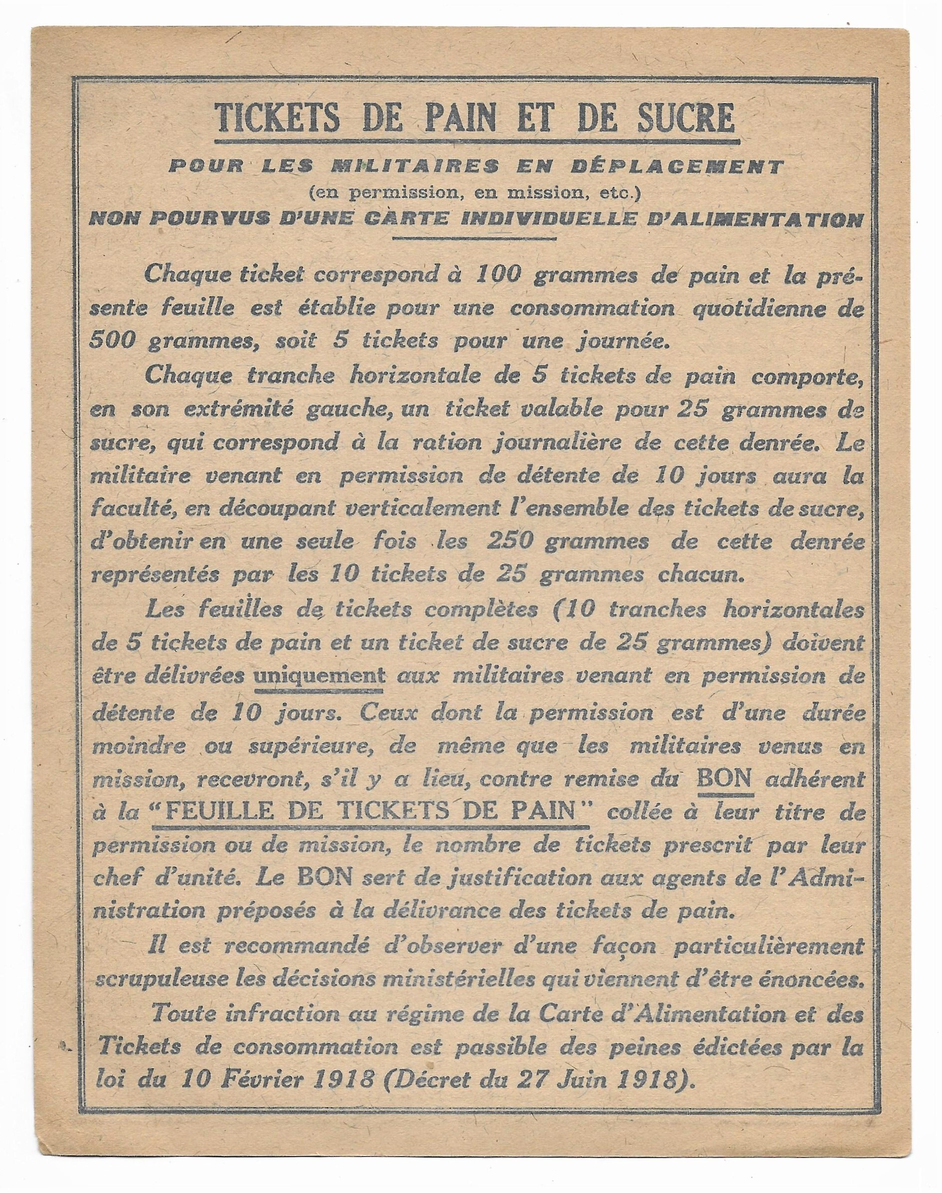 France World War 1 Sugar & Bread Ration Ticket Sheet for Soldiers on ...