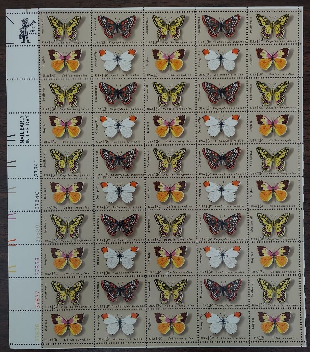 US #1712-15, 13¢ Butterflies, Complete sheet of 50, og, NH, Brookman ...